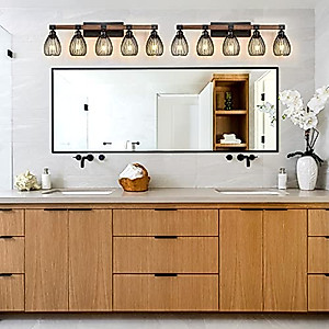 MZMHD 5-Light Farmhouse Bathroom Light Fixtures,Rustic Wood Cage Vanity Lights,Industrial Black Wall Sconce Lighting Over Mirror,Hallway,Bedroom