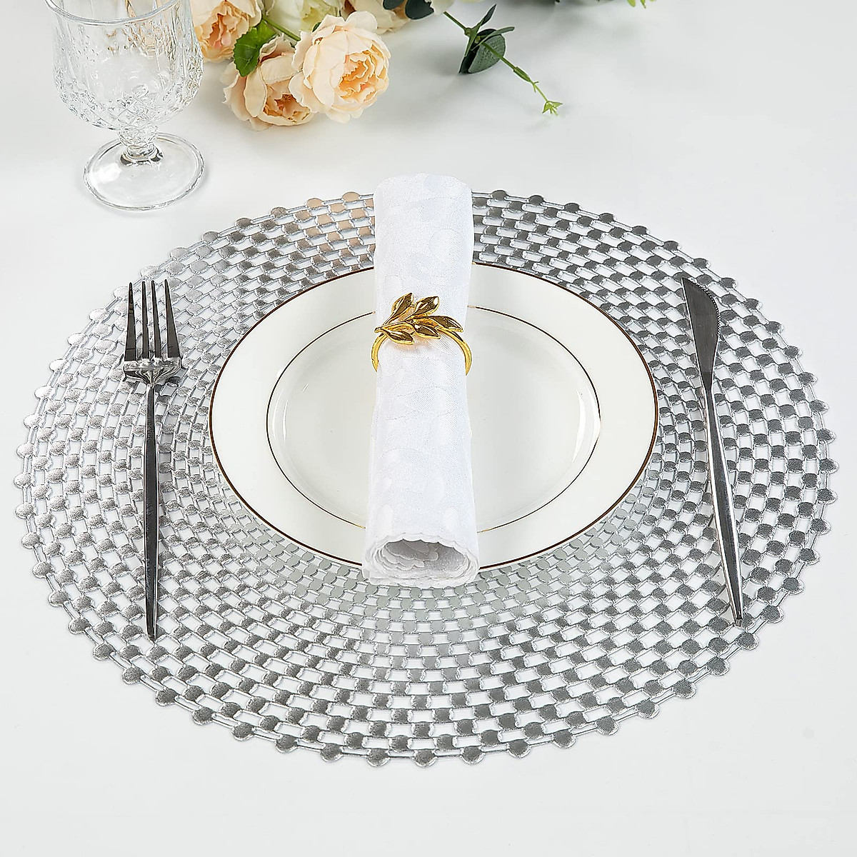 Crisjanggo Silver Metallic Placemats Set of 6 Pressed Vinyl Round Tablemats Simple Hollow Out Design Mats Washable Stain Resistant Nonslip Place Mat for Dining Table Wedding Party Decoration