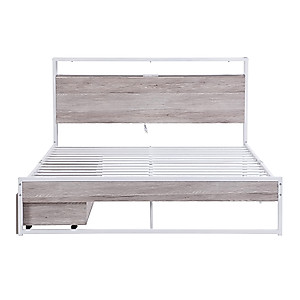 Metal Bed Frame Queen with Two Drawers Queen Size Storage Bed with Sockets, USB Ports and Slat Support for Living Room Bedroom,No Box Spring Needed/Easy Assembly (White)