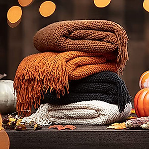 Chanasya Textured Knitted Sage Green Throw Blanket With Tassels - Soft Acrylic Bohemian Farmhouse Chic Accent Throw - Decorative for Sofa Chair Couch Bed Living Room (50x65 Inch) Boho Tan Sage Blanket