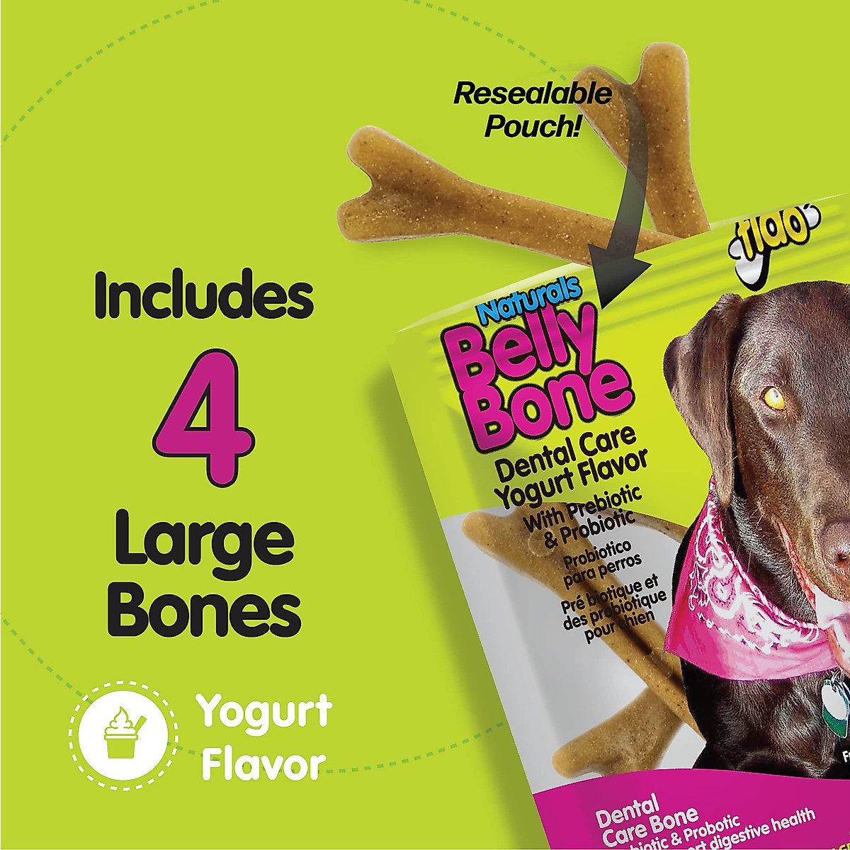 Fido Belly Bones for Dogs, Yogurt Flavored Large Dog Dental Treats - 4 Treats Per Pack (3 Pack) - for Large Dogs (Made in USA) - Plaque and Tartar Control for Fresh Breath, Digestive Health Support