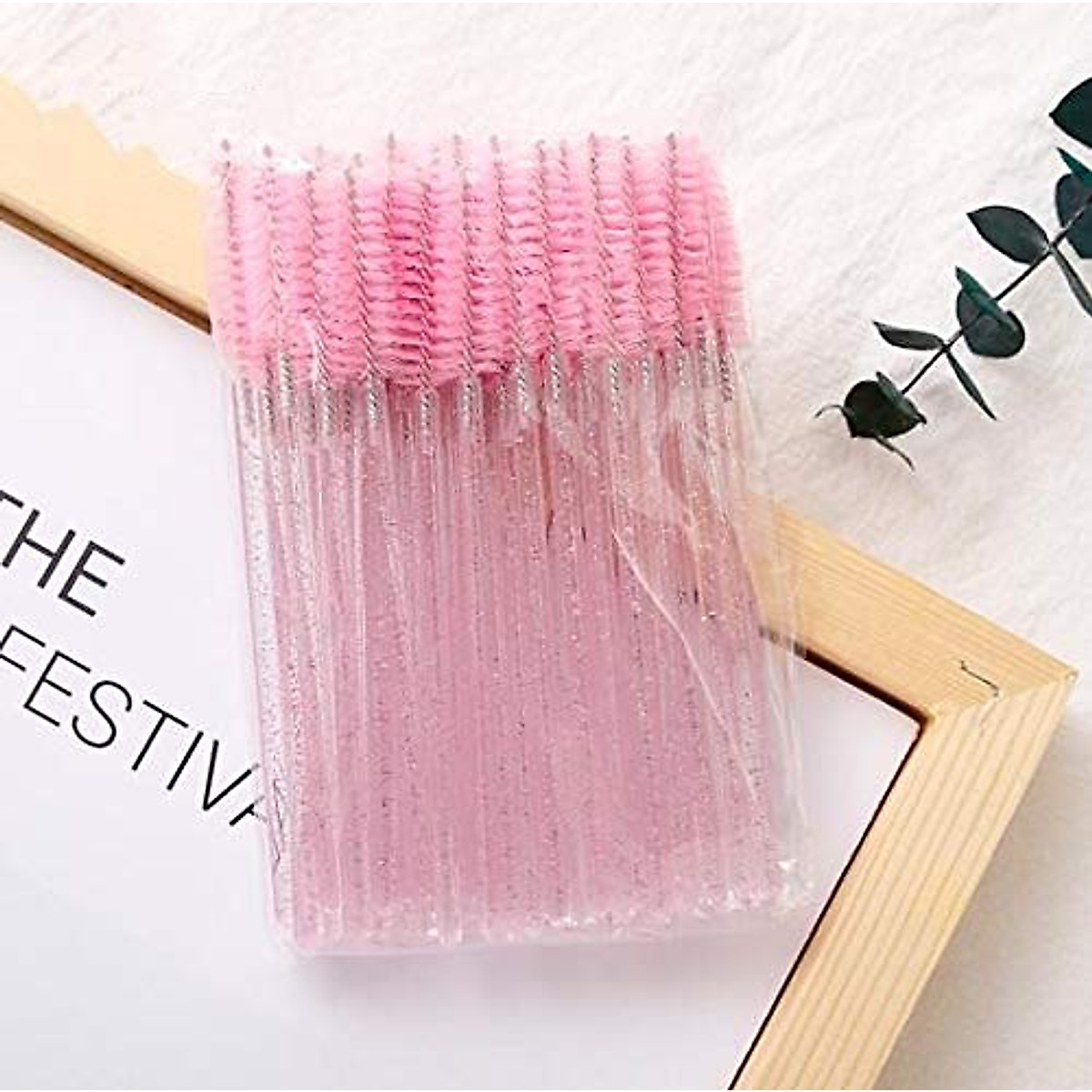 SINEN 50 PCS Disposable Eyelash Brush Mascara Brushes Makeup Brushes Kits for Eye Lashes Extension Eyebrow and Makeup (Crystal Pink)