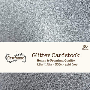 Crafasso 12" x 12" 300gms Heavy & Premium Glitter cardstock, 15 Sheets, Silver
