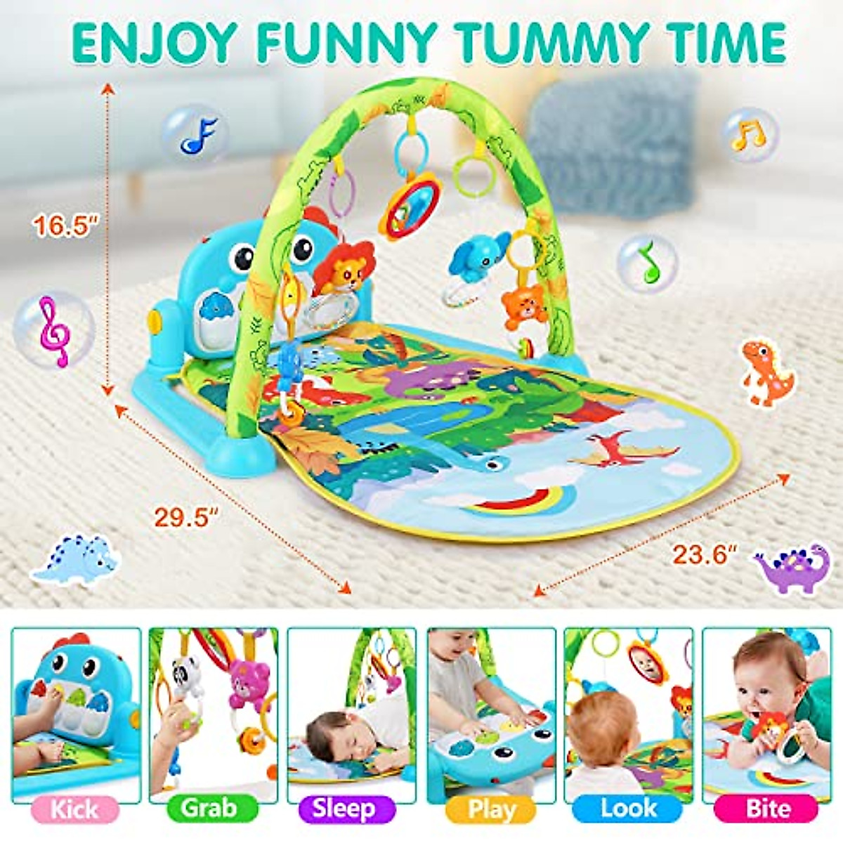 Baby Gym Play Mats Baby Toys Tummy Time Mat Toys Musical Activity Center for Newborn Infant Toys Piano Baby Play Mat Music & Light Newborn Infant Gifts for Baby Toys 0-3 6 9 12 Months, Dinosaur Style