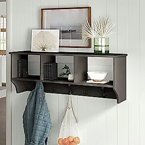 Vanity Art 5 Hooks Wall Mounted Coat Rack with Storage Shelf Wall Hanging Shelf Entryway Organizer for Living Room Bedroom Bathroom Kitchen (Gray) F10003GR-BK