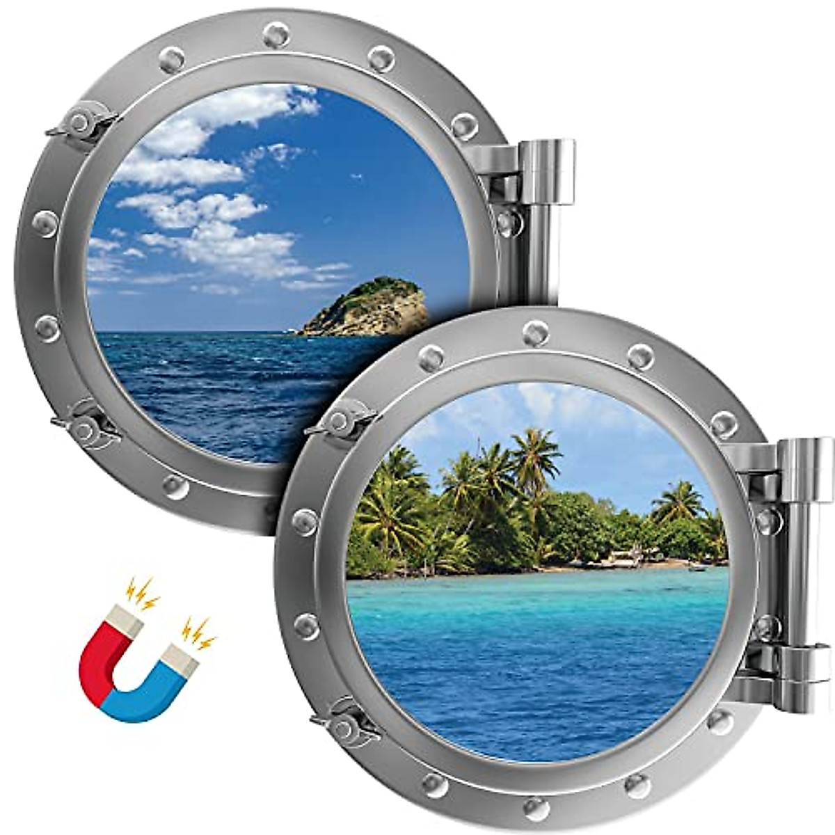 2 Pcs Cruise Door Decorations, Porthole Cruise Door Magnets 10 '' Set Palm Tree Cruise Dolphin Turtle The Sea Nature Scenery Fridge Decor for Carnival Cruise Car