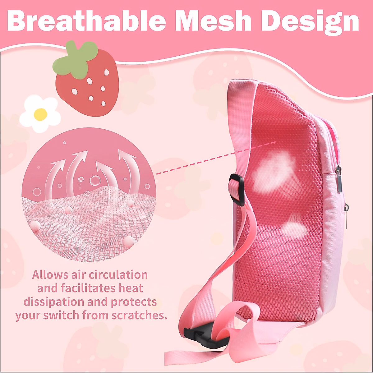 THRCIFLO Cute Pink Strawberry Travel Carrying Bag for Nintendo Switch/OLED/Lite Shoulder Bag Storage Backpack for Switch Accessories, Portable Crossbody Sling Case for Girls