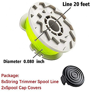 WA0014 Trimmer Line Replacement Spools for Worx WA0014 Grass Trimmer ,Weed Eater String Edger Spool Line Refills Parts-WG168 WG184 WG190 WG191 Auto-Feed 20ft 0.080" with WA0037 Cap Covers 8 Pack