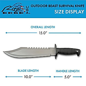 Szco Supplies 15” Rite Edge USA Survival Knife Saw-Back Outdoor Hunting, Camping Knife with Firestarter, Sharpener and Nylon Sheath Black, 211539