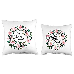 Mom Grandma 94th Birthday Gift Apparel Loved Men Women 94 Years Old Floral 94th Birthday Throw Pillow, 16x16, Multicolor