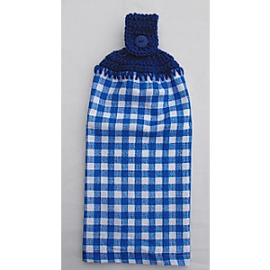CHARMING CHECK GINGHAM KITCHEN TOWEL - 4 DIFFERENT COLORS TO CHOSE FROM- CROCHET TOP HANGING KITCHEN TOWEL (BLUE)