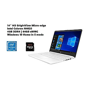 HP 14" HD (1366 x 768) BrightView Micro-Edge Laptop, Intel Celeron N4020, 4GB DDR4, 64GB eMMC, WiFi, Bluetooth, Webcam, USB 3.1 Type C, HDMI, Media Card Reader, Windows 10 S, 64GB ABYS MicroSD Card