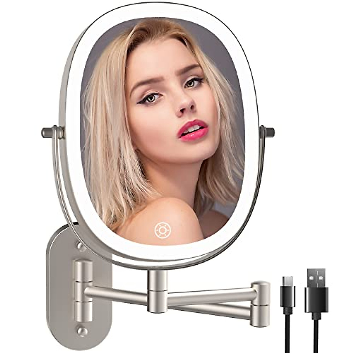 Rechargeable Wall Mounted Lighted Makeup Vanity Mirror, Double Sided 1X/7X Magnifying Mirror, 3 Color Lighting Option Dimmable, 360 Rotation Extension Foldable Arm, Oval Frame Shaving Light up Mirror