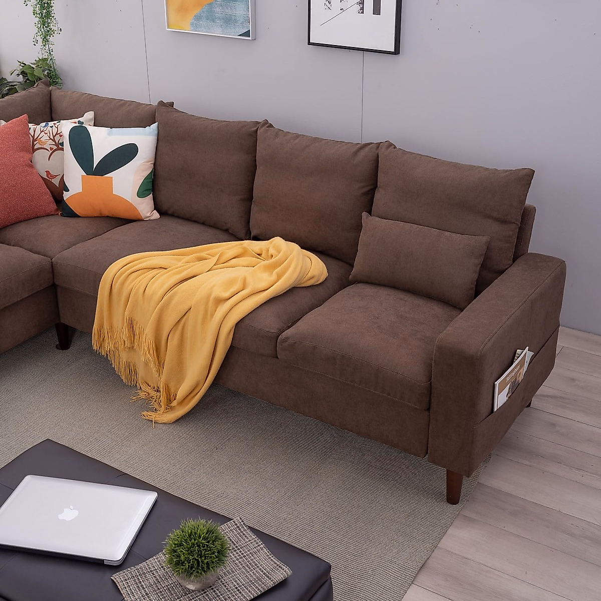 Panana Modern Upholstered L-Shape Sectional Sofa, 2 Seater + 3 Seater Corner Couch for Living Room (Brown)