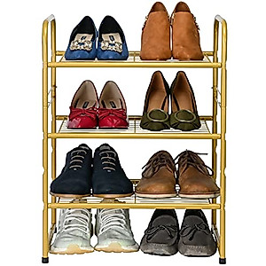 wkokos 3-Tier Small Shoe Rack, Stackable Narrow Shoe Shelf Storage Organizer, Heavy Duty Metal Free Standing Shoe Rack for Entryway Closet Doorway, Gold