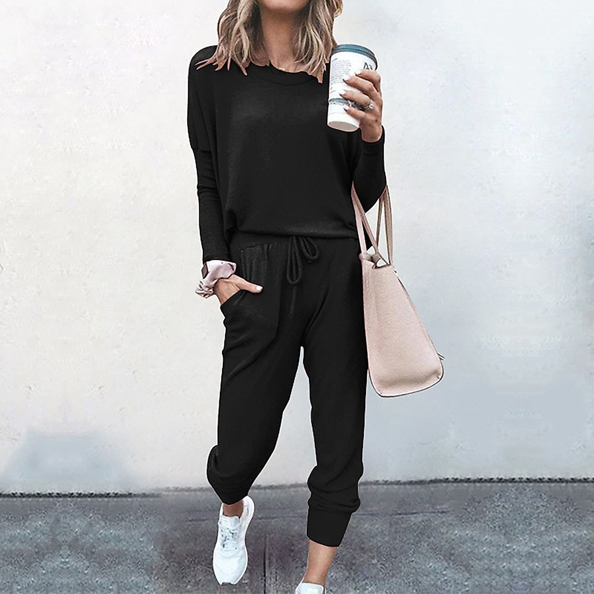 Clearance Today Deals Prime Fall Two Piece Outfits for Women 2025 Plus Size Loose Fit Sweatsuits Tracksuits Jogger Crewneck 2 Piece Lounge Sets A-Black