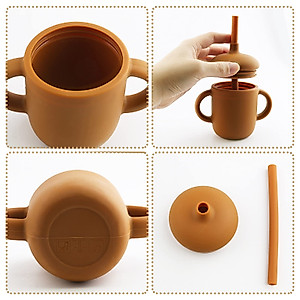 Sangyn 2 Pack Toddler Training Cup with Straw,BPA-Free,5 Oz Silicone Sippy Cups, Unbreakable, Trainer Cup for Babies Toddlers and Infants(Sky Blue, Brown)