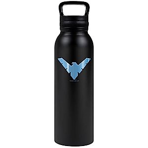 Batman OFFICIAL Batman Nightwing Logo Pattern 24 oz Insulated Canteen Water Bottle, Leak Resistant, Vacuum Insulated Stainless Steel with Loop Cap, Black