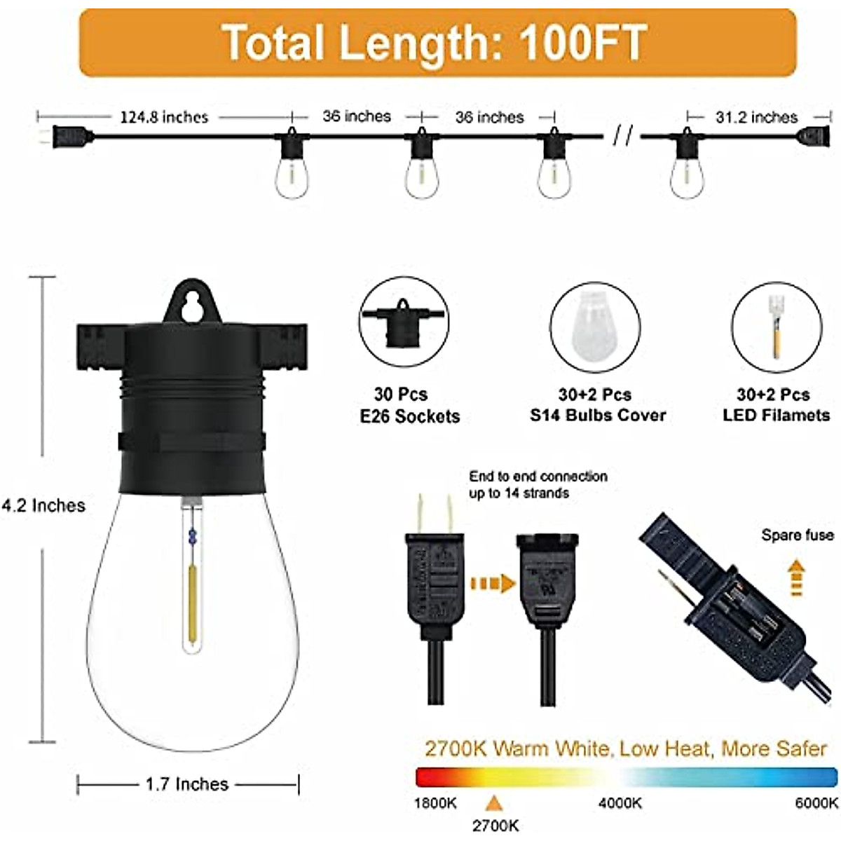 ZOTOYI Outdoor String Lights Patio Light 100 ft, LED Dimmable Lighting S14 LED Outdoor Lights with 30+2 Plastic Bulbs, Waterproof for Outside Cafe Balcony Backyard Bistro Garden Patio Porch