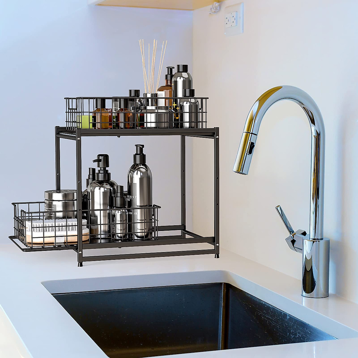 FixOwl Under Cabinet Sink Organizer with Sliding Drawer Under Bathroom Sink Storage Stackable Adjustable Height 2 Tier Countertop Organizer, 1 Pack, Black