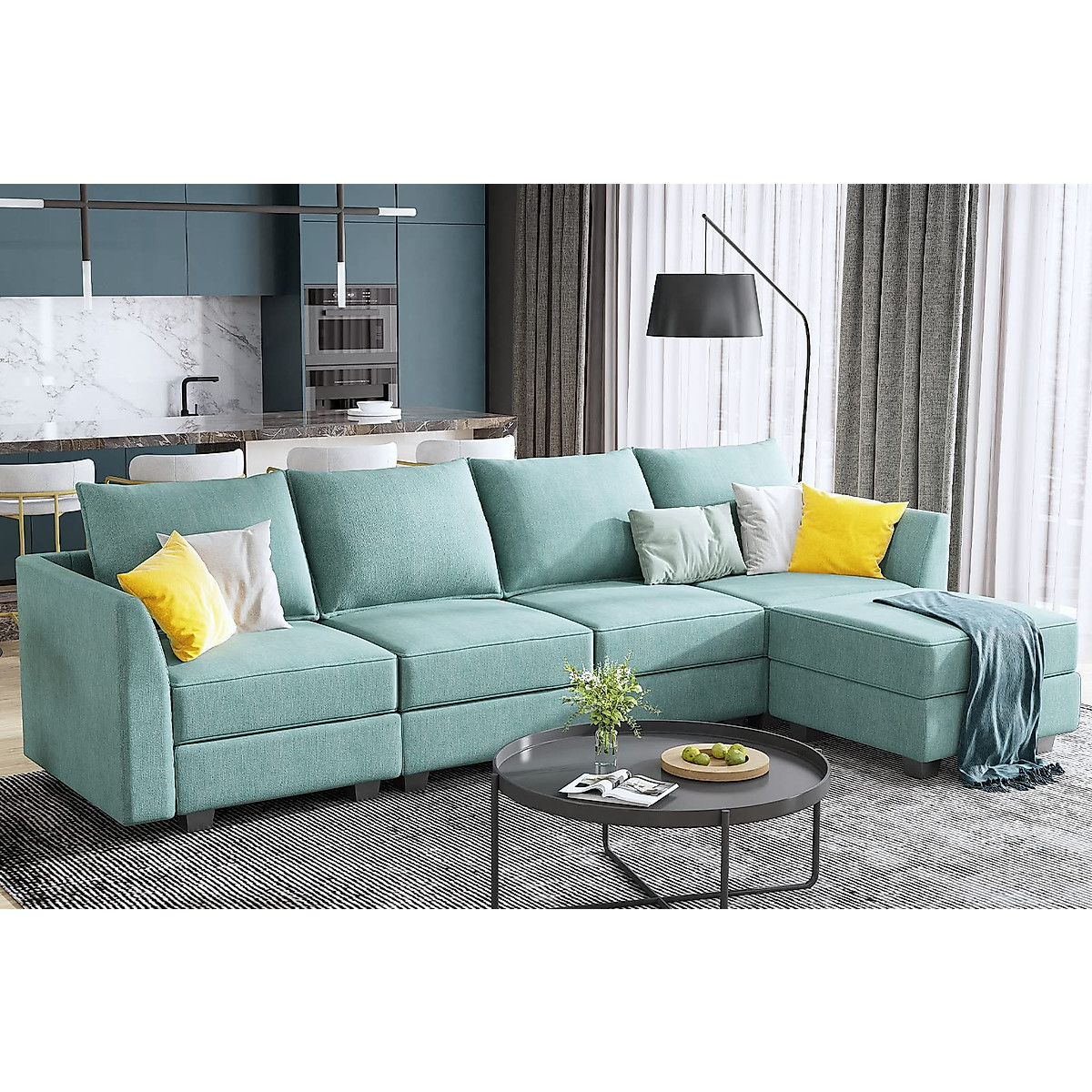 HONBAY Modular Sectional Couch with Reversible Chaise L-Shape Sofa 4-Seat Corner Couch Modular Sofa with Storage Seat, Bluish Grey