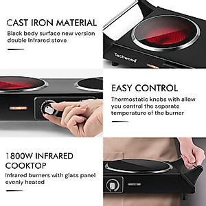 Hot Plate, Techwood 1800W Double Infrared Ceramic Electric Stove for Cooking, Dual Control Cooktop Burners, Portable Anti-scald Handles Suitable for RV/Home/Camp, Compatible for All Cookwares