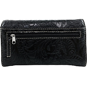 Justin West Purple Rhinestone Skull Embroidery Floral Design Wristlet Trifold Wallet Attachable Long Strap (Space Black)