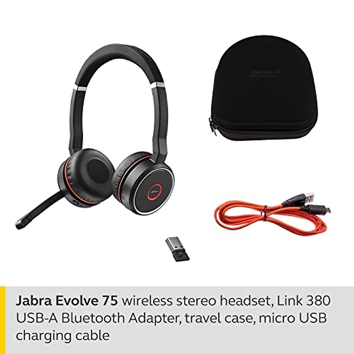 Jabra Evolve 75 MS Wireless Headset, Stereo – Includes Link 370 USB Adapter – Bluetooth Headset with World-Class Speakers, Active Noise-Cancelling Microphone, All Day Battery