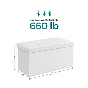 SONGMICS 30 Inches Folding Storage Ottoman Bench, Storage Chest, Footrest, Coffee Table, Padded Seat, Faux Leather, Holds up to 660 lb, White ULSF106