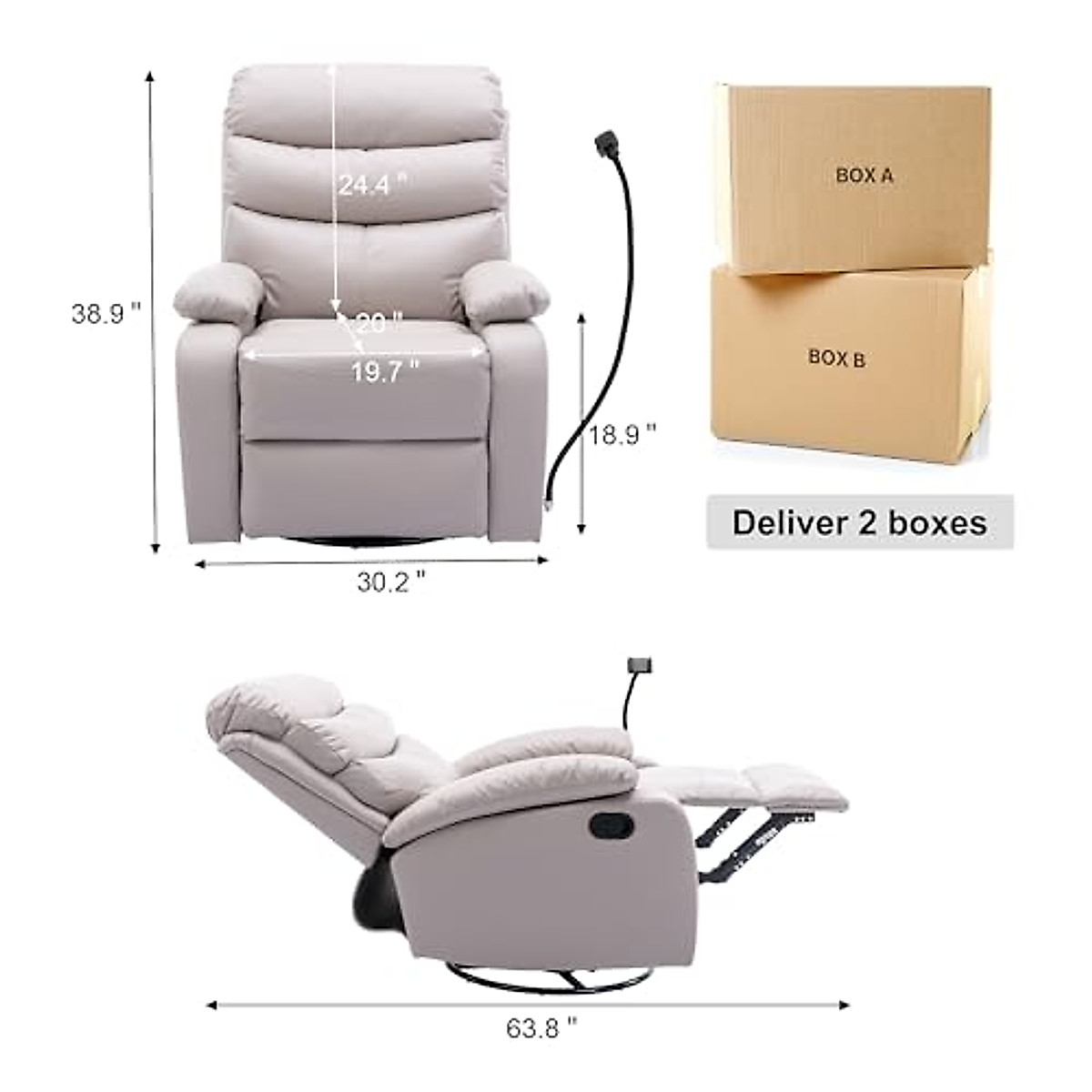 GNMLP2020 Swivel Rocking Recliner Chair, Manual Recliner Chair with Cell Phone Holder, PU Leather Small Rock Recliner Easy to Operate Reclining for Living Room, Nursery, Beige