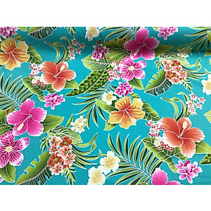 Turquiose Tropical Hawaiian Print Fabric 100% Cotton Sold by The Yard