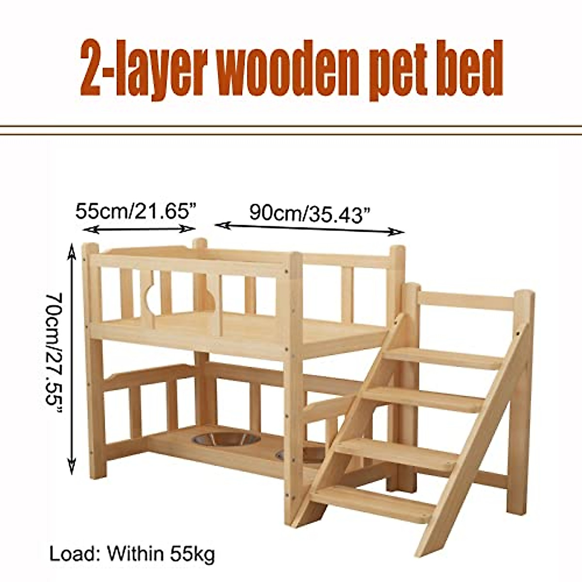 Pet Bed American Wooden Dog Bed Frame, 2-Layer Large Pet Bed, Raised Indoor Pet Furniture, with Stairs + Guardrail(Size:XL（90x55x70cm）)