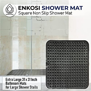 ENKOSI Extra Large Square Non Slip Shower Mat | 31 x 31-inch XL Shower Mats for Showers Anti Slip - Square Shower Stall Mat for Bathroom Shower Floors | Secure Suction Cups and Drain Holes (Grey)