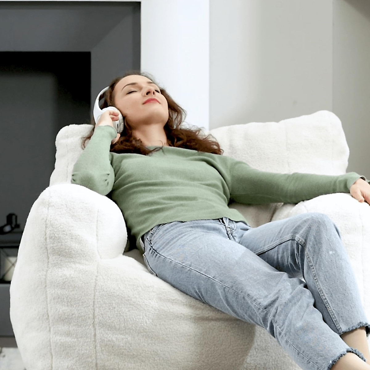 Hison Bean Bag Chairs for Adults and Kid Teddy Fabric Fluffy and Lazy Sofa Filled with Memory Sponge BeanBag Sofa with Armrests for Living Room,Bedroom(White)