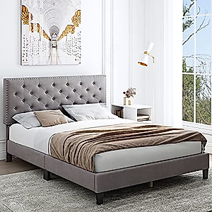 Queen Bed Frame, Upholstered Platform Bed Frame with Adjustable Headboard, Button Tufted Mattress Foundation with Sturdy Wood Slat Support, No Box Spring Required, Easy Assembly (Grey, Queen)