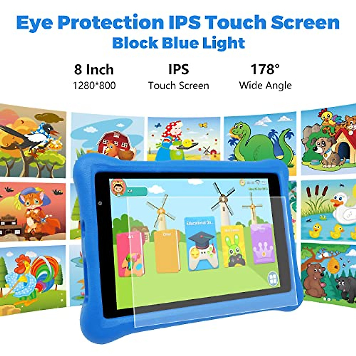 dxmart 32GB,Kids Tablet 8 inch Android 10.0 2GB RAM Quad Core 1280×800 IPS Display Parental Control Kids App Pre-Installed GMS Dual Cameras Kid-Proof Case YouTube Neflix (Blue)