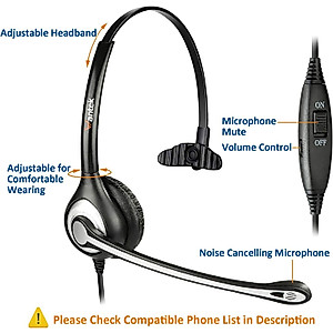 Wantek Telephone Headset Corded RJ9 Headphone with Mic & Noise Cancelling Phone Headsets Compatible with Plantronics Polycom VVX310 410 Yealink S12 Avaya 1408 1416, Landline Phone Headset