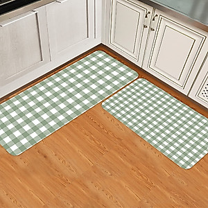 Sage Green Buffalo Plaid Kitchen Rug Set 2 Pieces Non-Slip Entryway Doormat, Farmhouse Green White Checkered Cushioned Runner Rug Standing Floor Rugs Door Mats, (20" x 32"+20" x 63")