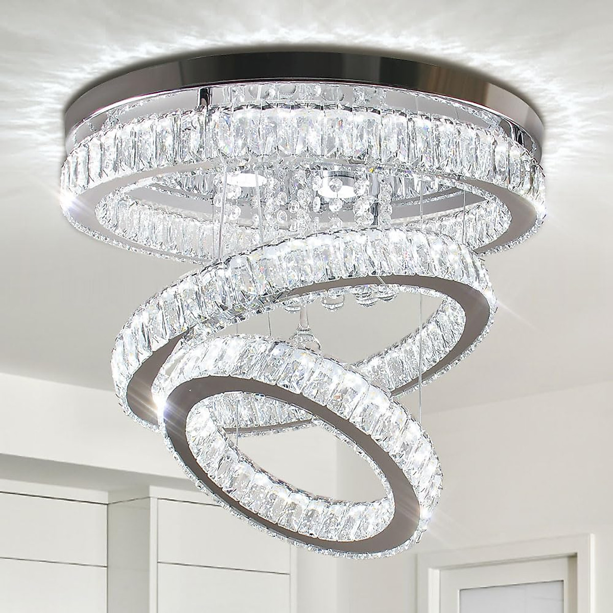 Finktonglan 19.7" Crystal Chandelier Modern LED Crystal Ceiling Light Fixture Flush Mount Ring Chandeliers for Bedroom Dining Room Living Room 6500K Cool White