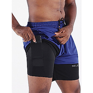 NELEUS Men's 2 in 1 Running Shorts with Liner,Dry Fit Mesh Gym Workout Shorts with Pockets,3 Pack,6094,Black/Grey/Blue,M