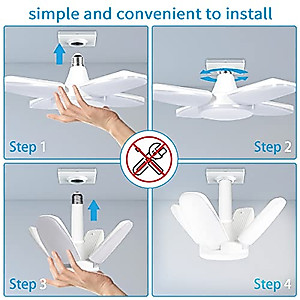 LED Garage Lights, 60W Workshop Lights Ceiling 6500K Deformable Lighting Fixture, E26/E27 Garage Light Bulb with 4 Adjustable Panels, Daylight White Basement Lighting for Shop, Pack of 2