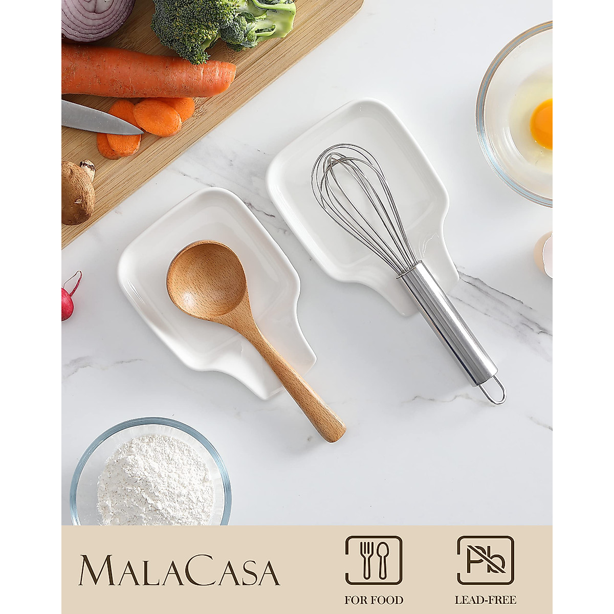 MALACASA Spoon Rest, Large Spoon Rests for Stove Top, Porcelain Spoon Holder for Kitchen Counter, Utensils Rests, Cooking Spoon Holders for Spatula Ladle Tongs, Ivory White, Series REGULAR