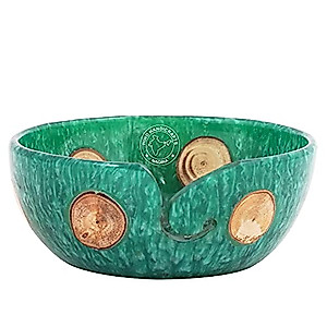 Hind Handicrafts Antique Resin Teak Sliced Log Wooden Portable Yarn Storage Bowl - Solid Dark Handmade Crafted - Holder for Knitting Crochet Hook Accessories (6" x 6" x 3", Green)