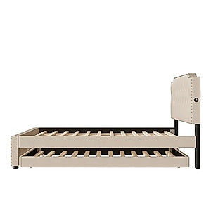 Prohon Queen Size Bed Frame w/Twin Size Trundle and Two Sets USB Ports, Upholstered Platform Bed with Button Tufted Trim Headboard, Velvet Linen Wooden Bed Fram No Box Spring Needed, Beige