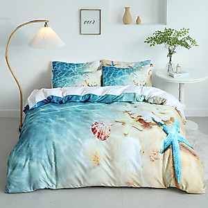Beach Duvet Cover King, 3 Pieces Soft Lightweight Microfiber Duvet Cover Set, 3D Beach Ocean Bedding Comforter Cover Set with Zipper Ties, 1 Duvet Cover and 2 Pillowcases, No Comforter