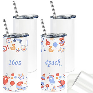 AiHeart 16oz Kids Sublimation Straight Skinny Tumbler,4pack Sublimation Stainless Steel Blanks Bulk,Double Wall Vacuum Tumblers with Shrink Wrap Films and Straw,Great DIY Gift for Kid,Toddler