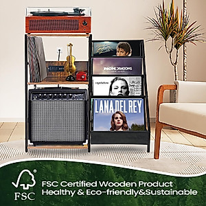 WEGOODLDER 3-Tier Vinyl Record Storage Stand with Built-in USB Ports and Power Outlets, Brown