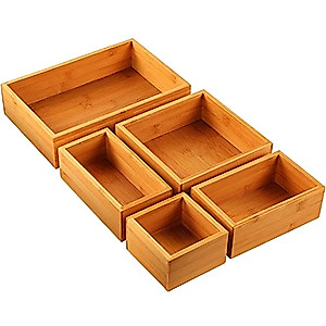 Pipishell 5-Piece Bamboo Drawer Organizer Set, Multi-use Storage Box Set, Varied Sizes Junk Drawer Organizer for Office, Home, Kitchen, Bedroom, Bathroom