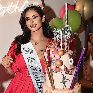 Hapdoo 30th Birthday Decorations women, Including 30th Birthday Rhinestone Crown Tiara, 30&Fabulous Sash with Pearl Pin, Happy Birthday Cake Topper and Number Candles, 30th Birthday Gifts for women, Silver