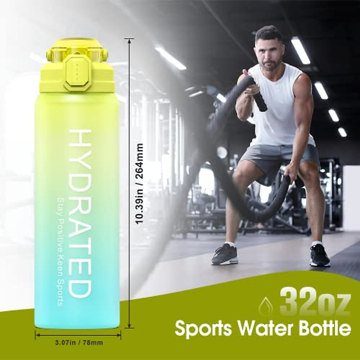 Y&3 32oz Water Bottle with Straw & Time Marker, Motivational Water Bottle with Handle, Leakproof, Tritan BPA Free Water Jug, for Fitness, Gym, Outdoor (Yellow Green Gradient)
